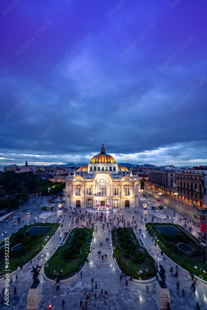 Aerial view of illuminated The Palace of Fine Arts know as "Palacio de ...