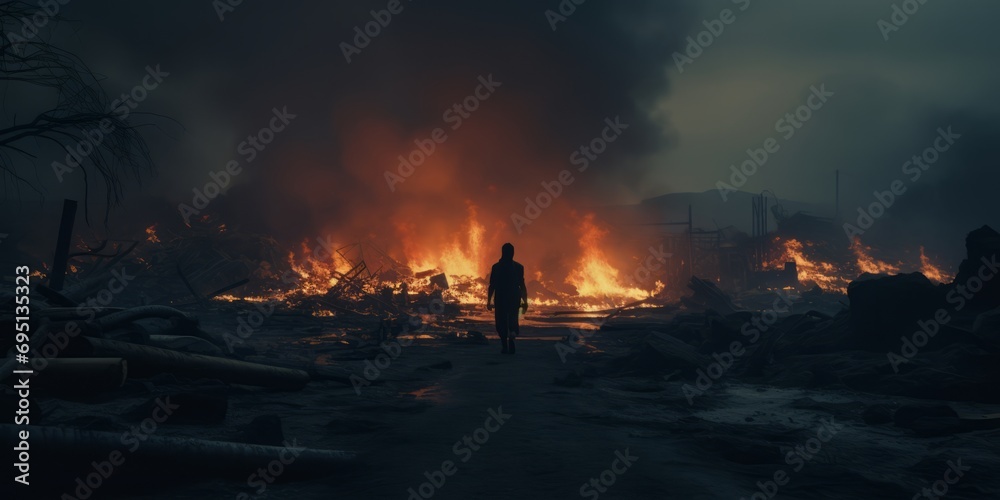 Figure standing before fiery destruction, apocalyptic vision ...