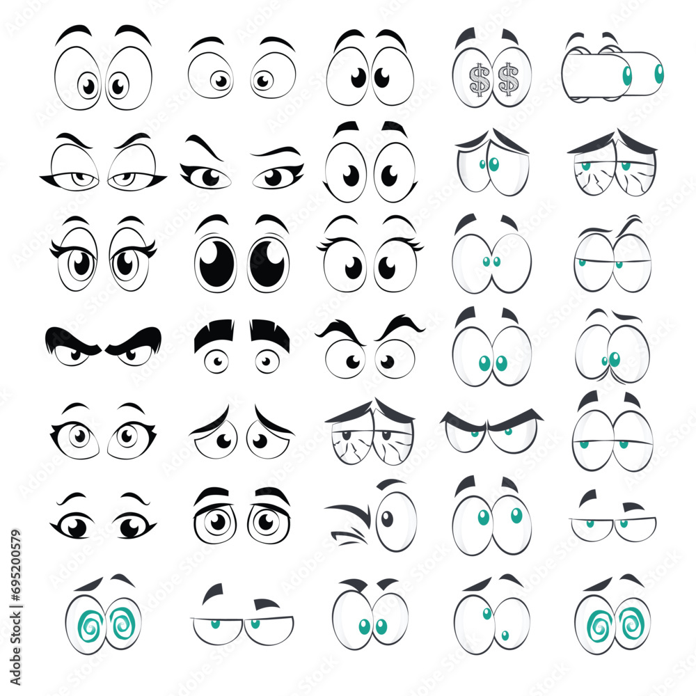 Cartoon faces. Expressive eyes and mouth, smiling, crying and surprised ...