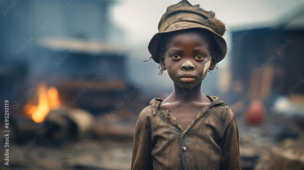 Portrait of a dark-skinned girl in the slums. A little girl looks at ...