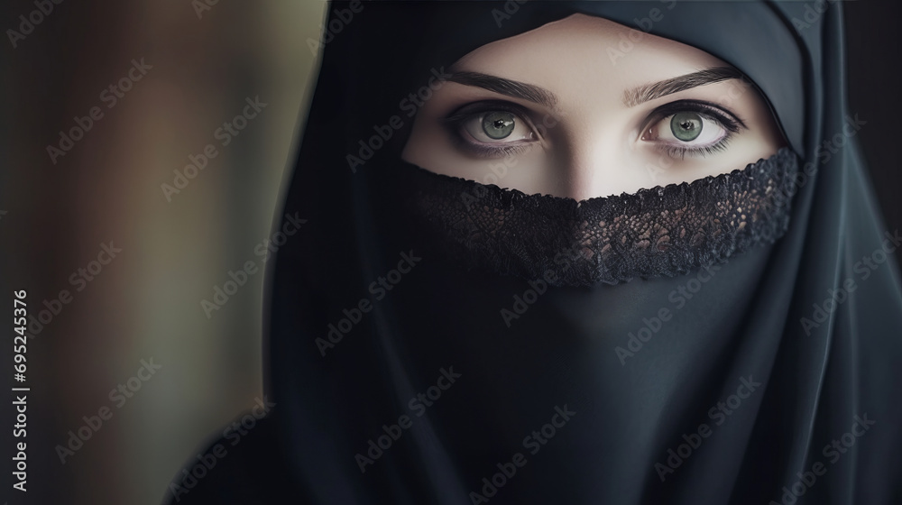 Portrait of black hijab girl with niqab covering her face, piercing ...