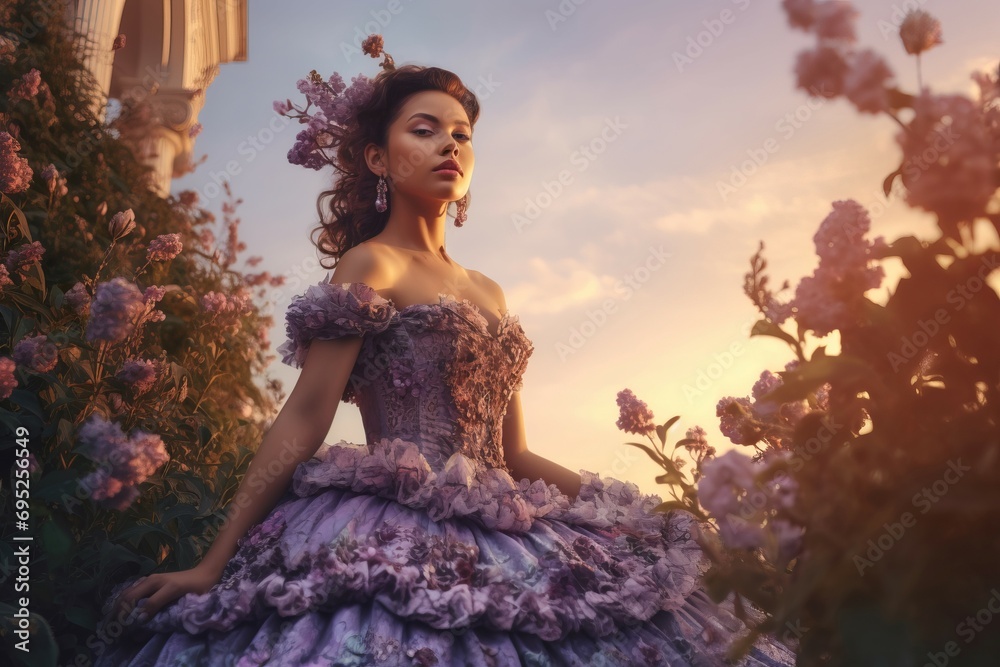Beautiful young rococo lady in floral majestic purple dress. Gorgeous ...