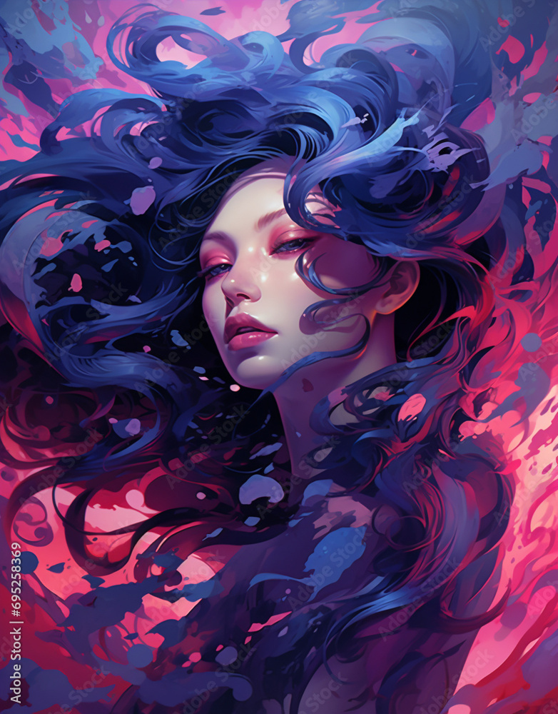 Captivating animated woman in purple exudes mystique with vibrant blue ...