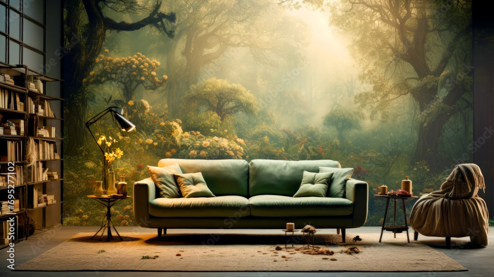 interior of the house with a nature theme. 4K high resolution 16:9 ...