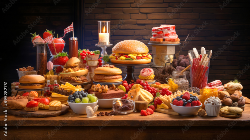 Delicious food. Burger fries and vegetables. Salad and dressings ...