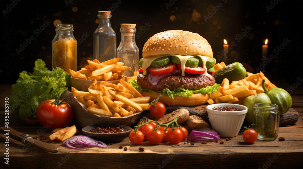 Food table. Burger fries and vegetables. Salad and dressings ...