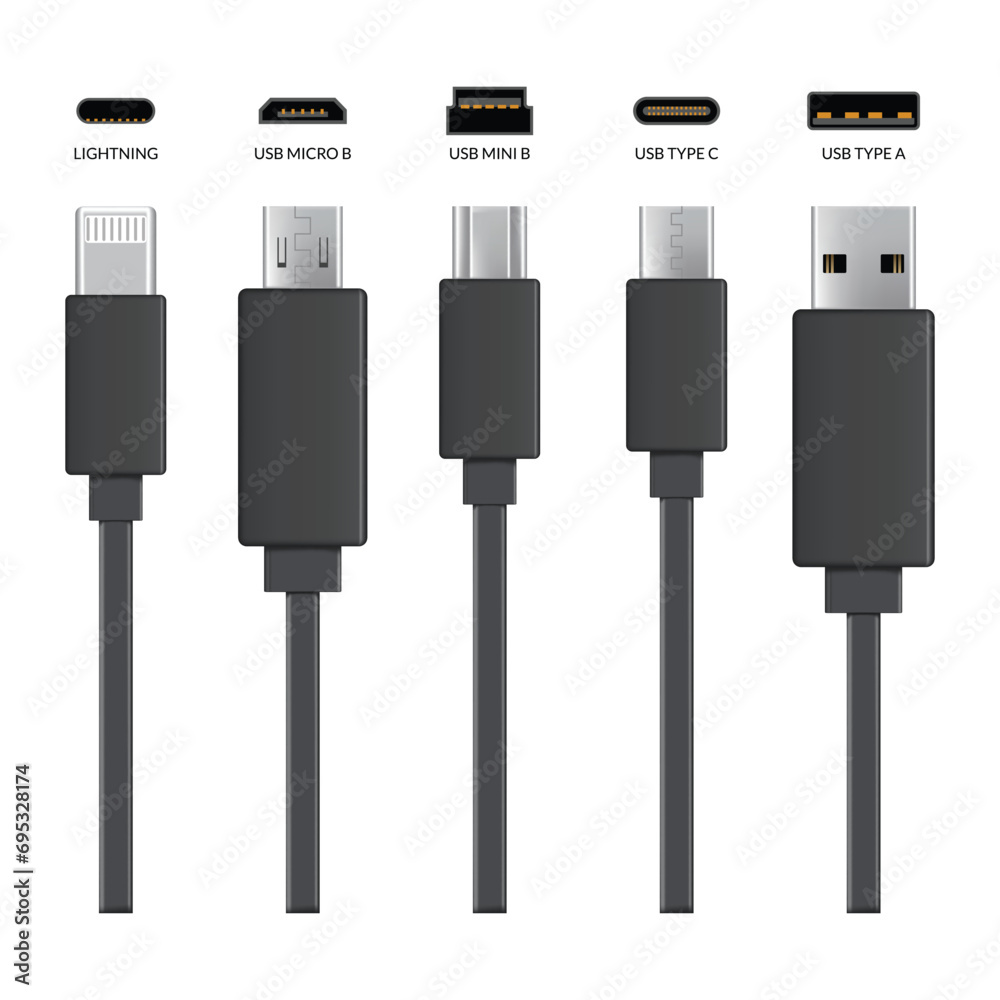 Usb cable connectors. Realistic vector set of phone jacks for cabling ...