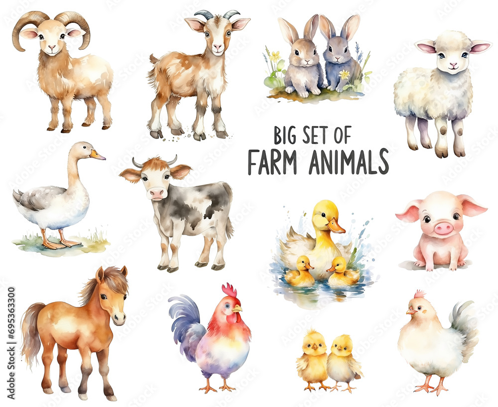 Set of watercolor farm animals - ram, goat, rabbits, lamb, sheep, duck ...