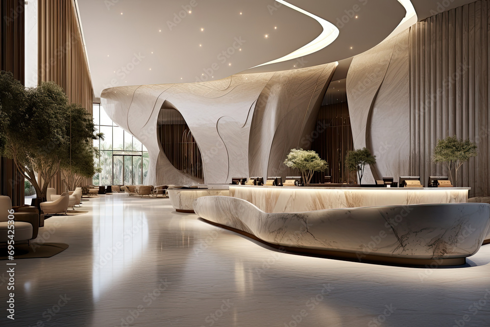 Interior of luxury hotel lobby zone with reception desk and relax zone ...