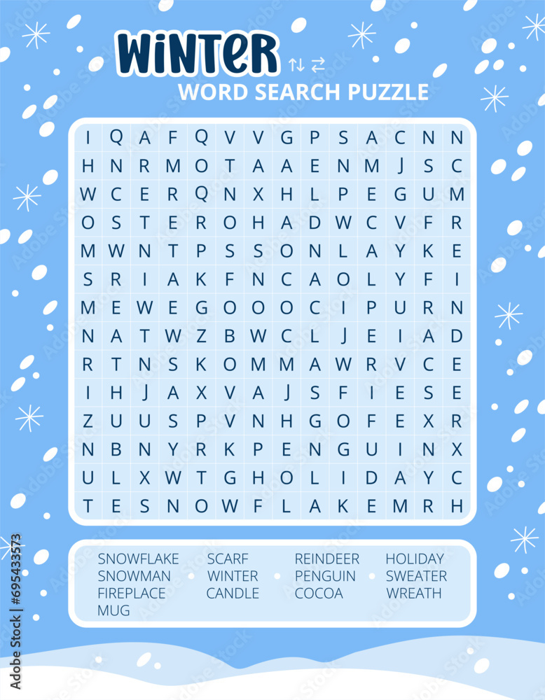 Winter word search puzzle game on a snowy background worksheet ...