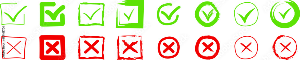 Set of hand-drawn check mark and cross. Consent sign, checkmark, ok and ...