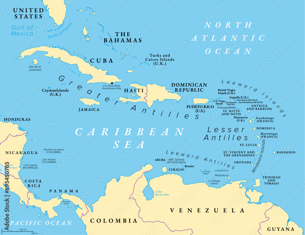 The Caribbean Sea and its islands, political map. The Caribbean, a ...