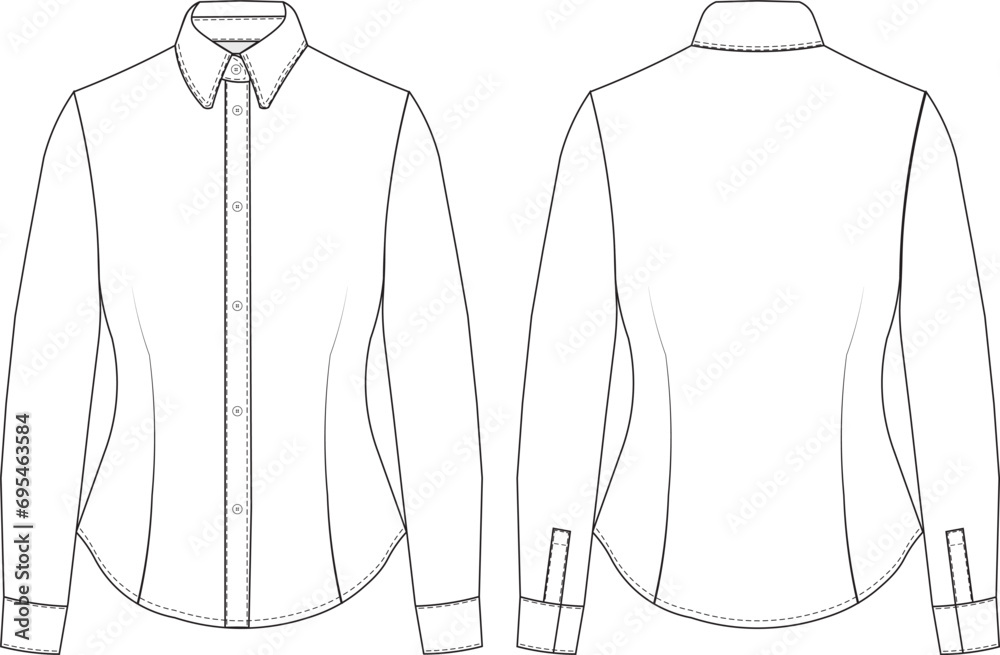 long sleeve fitted shirt template technical drawing flat sketch cad ...