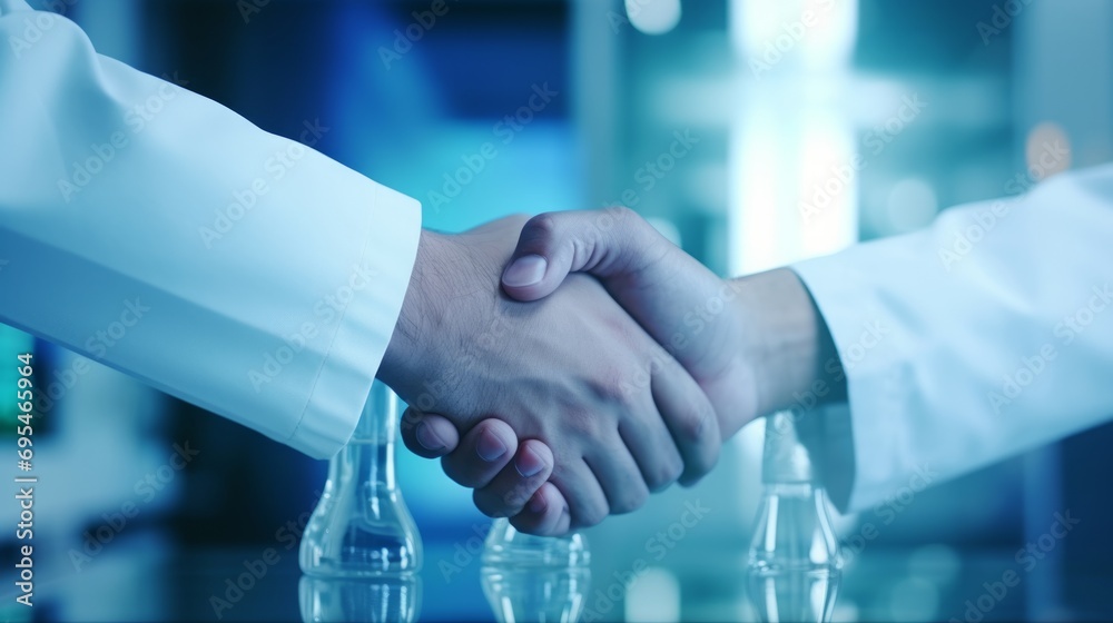 Professional handshake in lab setting, symbolizing partnership in ...