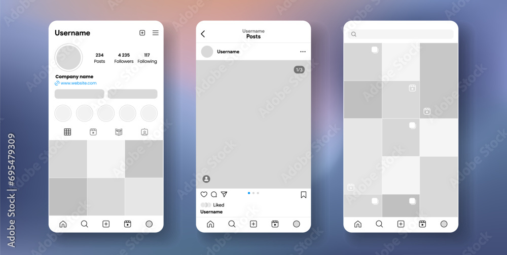 Instagram profile interface. Social media app template. Blank blog grid ...