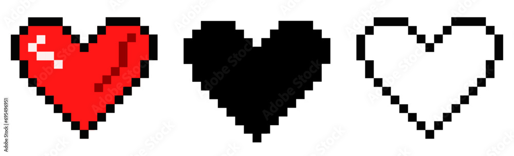 Pixel heart set. Symbol of love.8 bit vector illustration for computer ...