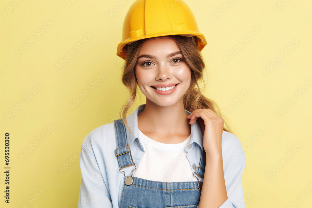Smiling Cute Girl construction worker look on free background - labor ...