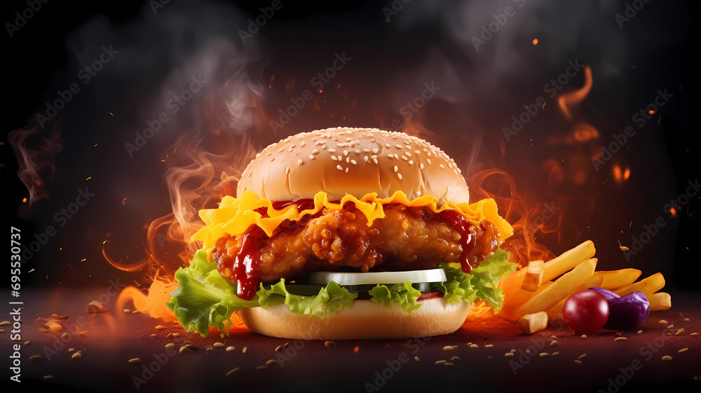 Fresh crispy fried chicken burger sandwich with flying ingredients and ...