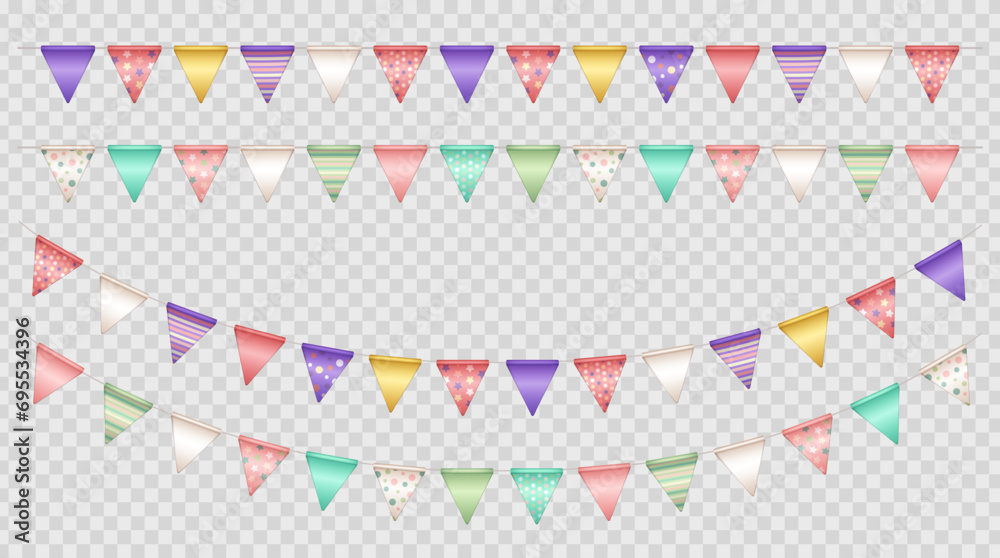 Set of 4 colorful buntings or party flags on string. Multicolored ...