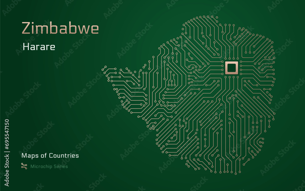 Zimbabwe Map with a capital of Harare Shown in a Microchip Pattern with ...
