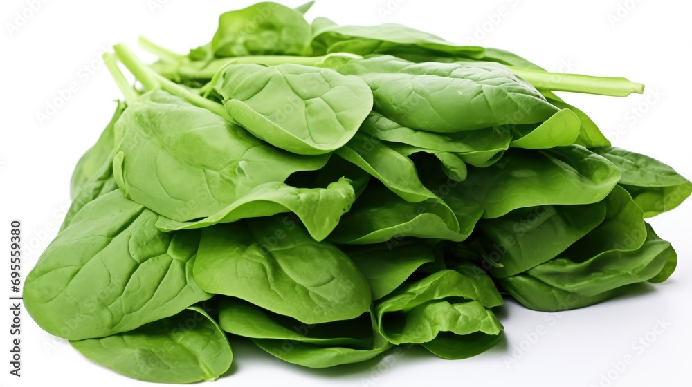 Fresh, vibrant spinach leaves with natural curves, glistening droplets ...