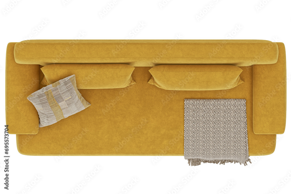 top view of yellow fabric sofa, with cushions and blanket, for interior ...
