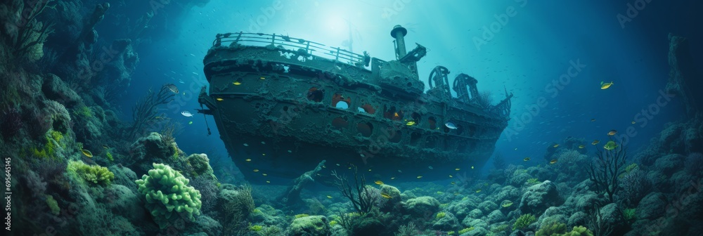 Sunken ship in the ocean. Wreckage of a sunken ship after a shipwreck ...