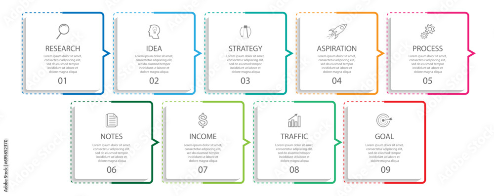 simple infographic design with thin lines, 9 interconnected square ...