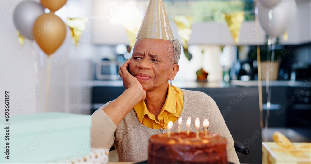 Sad, birthday and senior woman thinking with depression, grief and ...