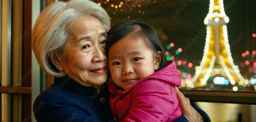 an old woman grandma hugs the granddaughter, grandchild, toddler child ...