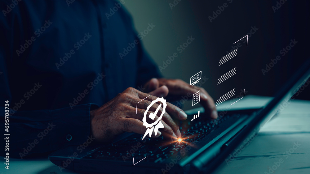 Man working with symbols of top service, quality assurance, guarantee ...