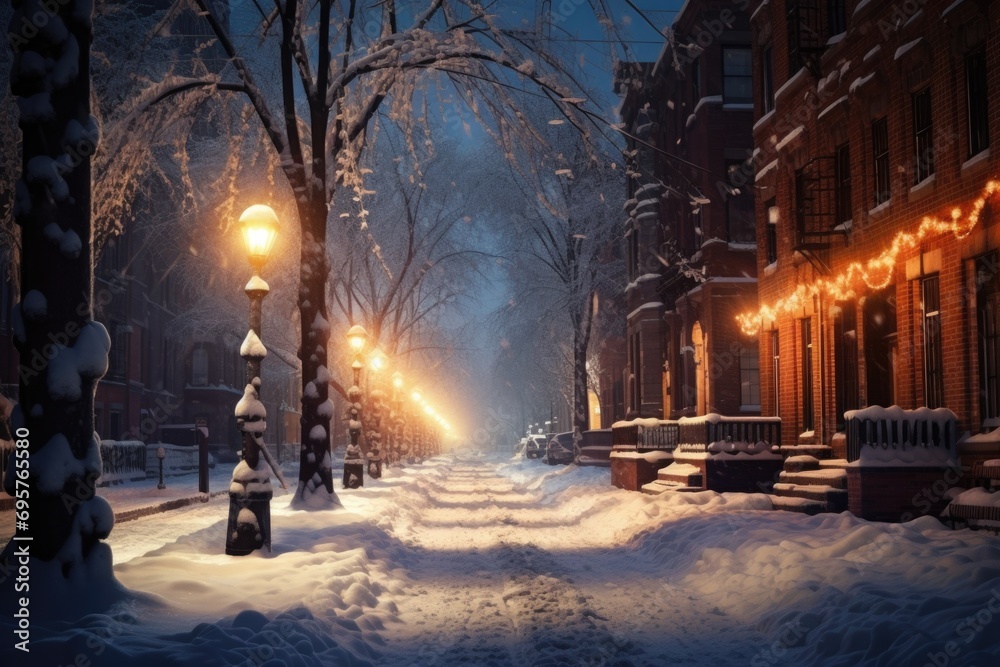 A snowy street illuminated by a street light. Perfect for winter scenes ...