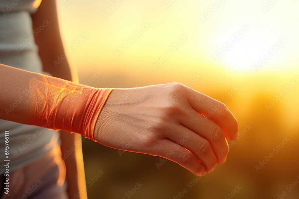 A woman's arm with an orange band wrapped around it. This image can be ...