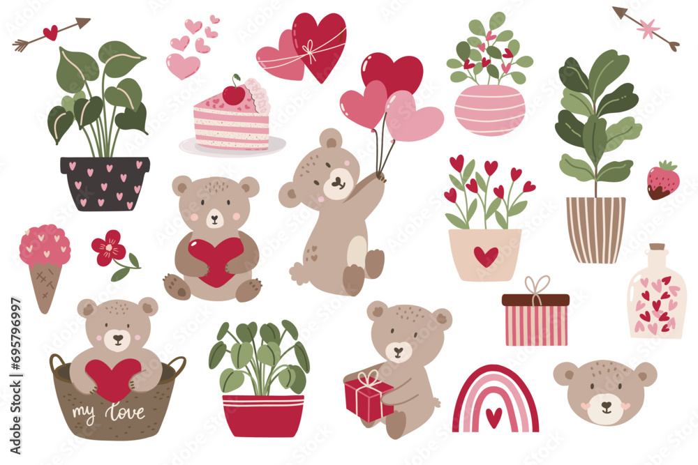Valentine's day clipart set, vector hand drawn illustration of cute ...