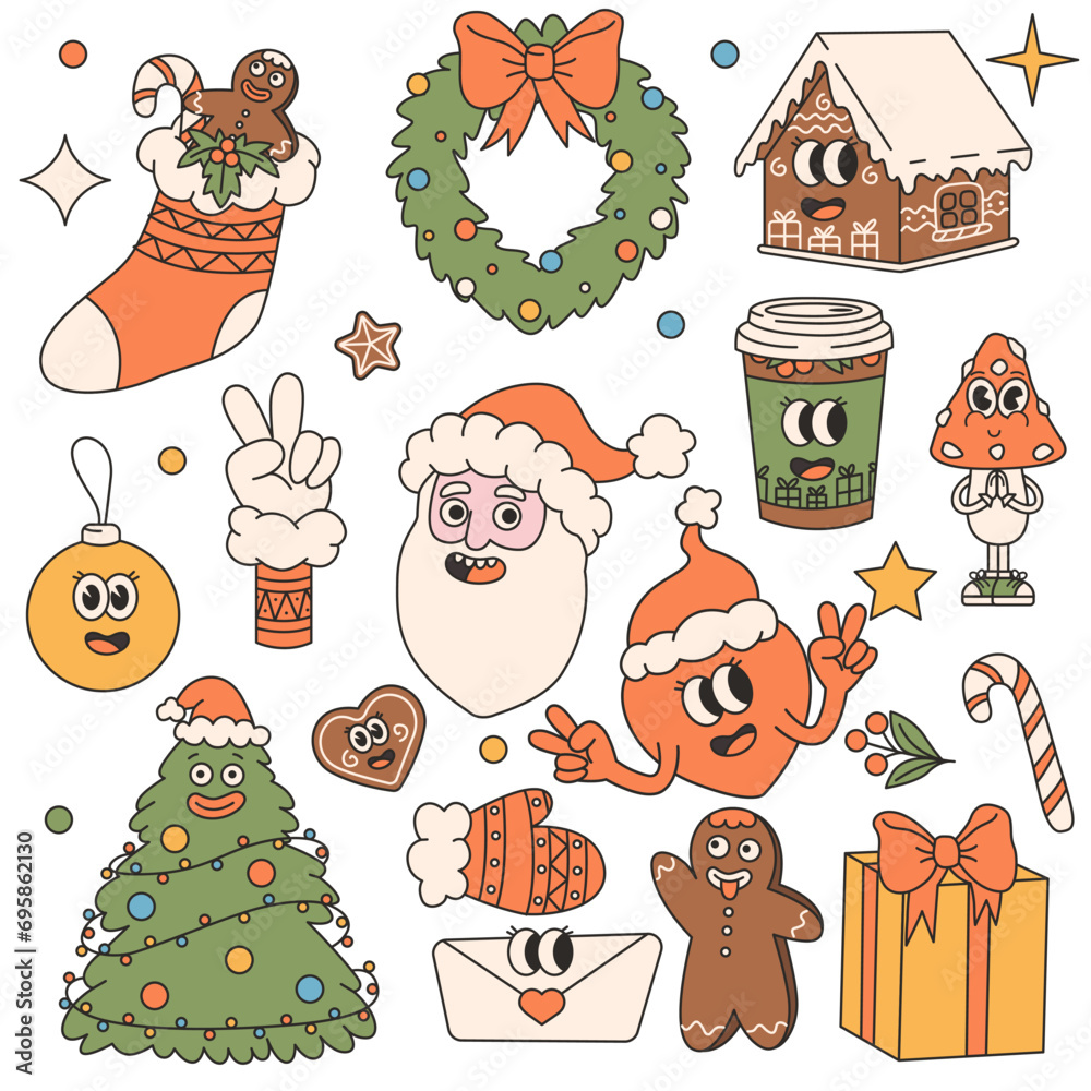 Groovy hippie Christmas stickers. Santa Claus gifts coffee heart ...