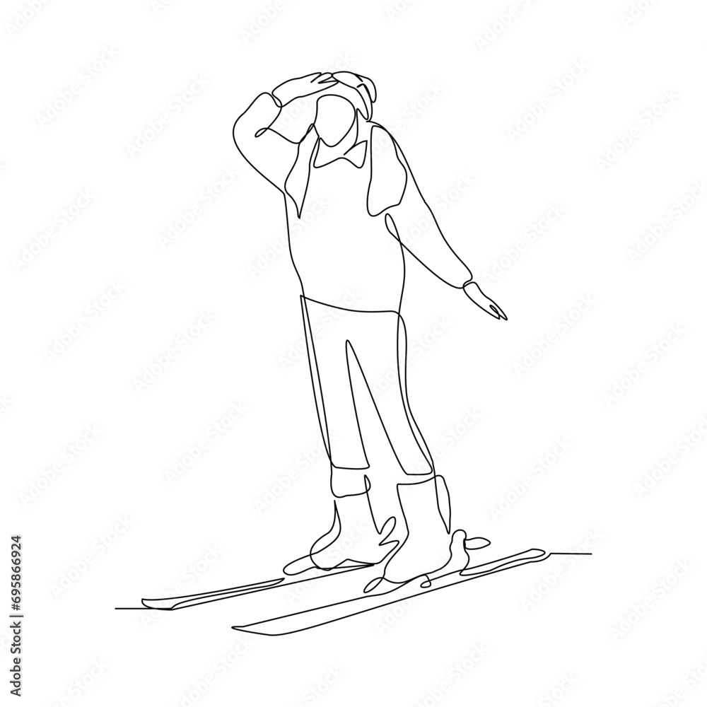 Continuous single line sketch drawing of woman skier snow ski down and ...