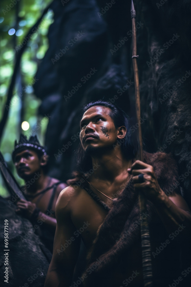 Ancient Neanderthal warrior in tribal costume, standing in a wild ...