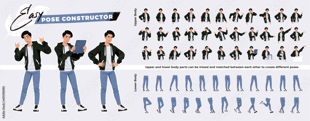 Vector de Stock Asian guy, korean man, hoodie, jeans character easy ...