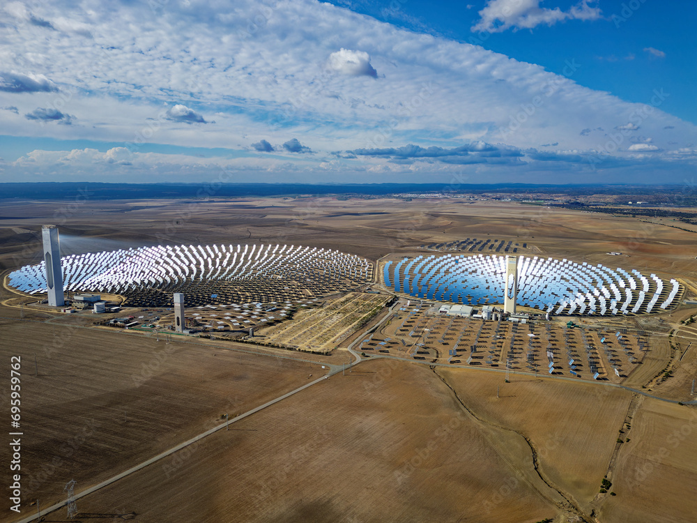 Aerial view of the Solar Power Towers PS10 and PS20 in Sanlúcar la ...