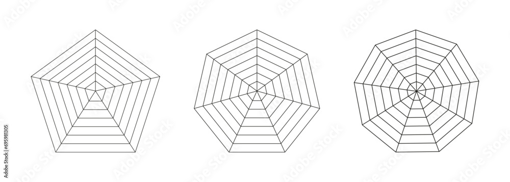 Radar, spider diagram templates. Spider mesh. Set of polygon graphs ...
