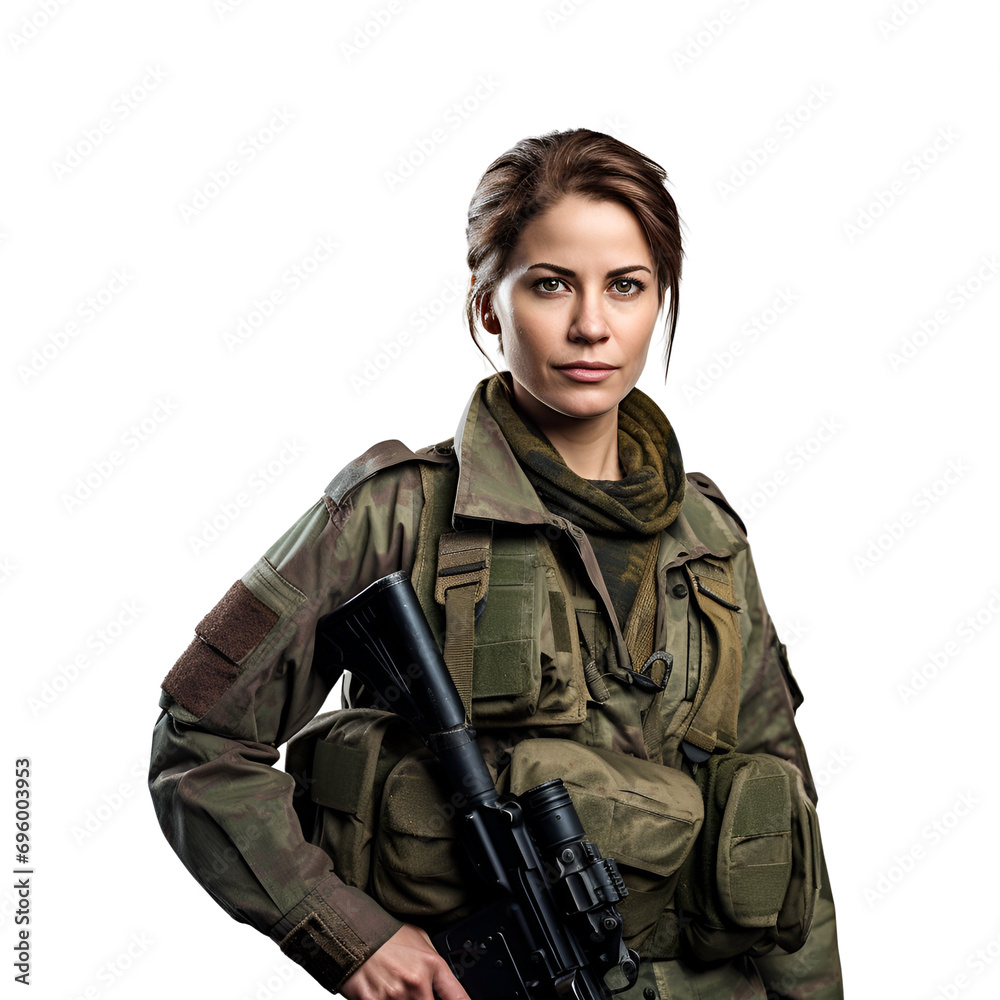 Soldier with gun in military uniform, woman of USA army, Isolated on ...