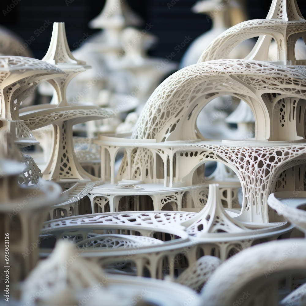 white 3D-printed architectural structures featuring a complex network ...