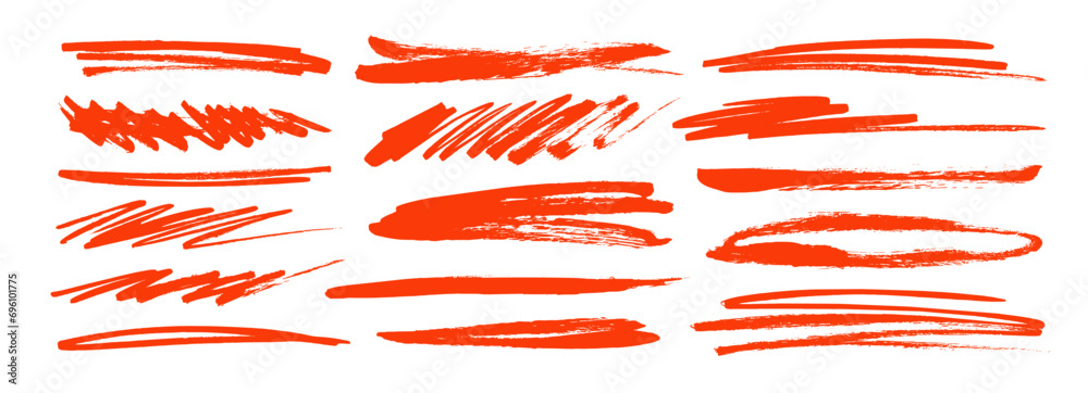 Red underline and strikethrough markers collection. Horizontal hand ...