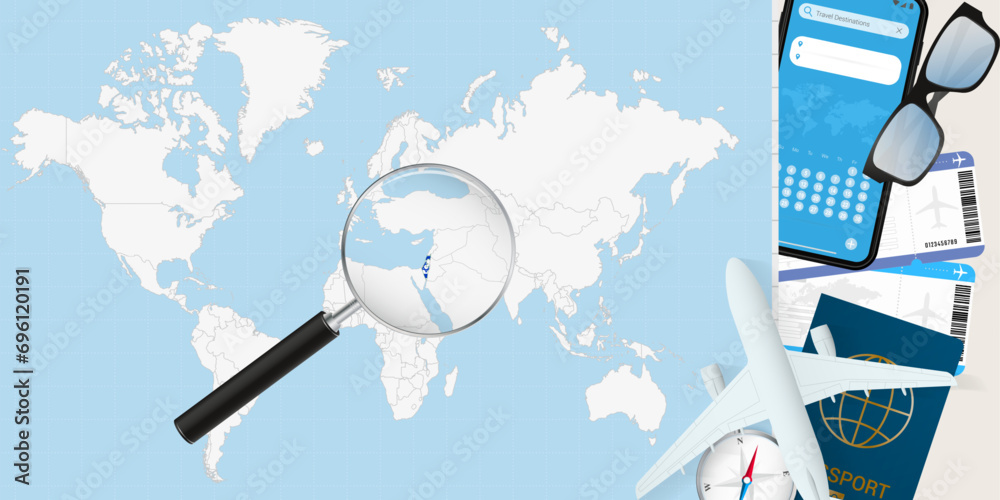 Israel is magnified over a World Map, illustration with airplane ...