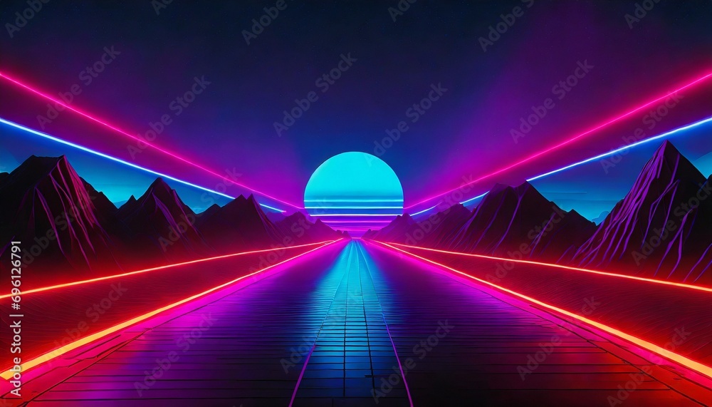 Synthwave retro cyberpunk style landscape background banner or ...
