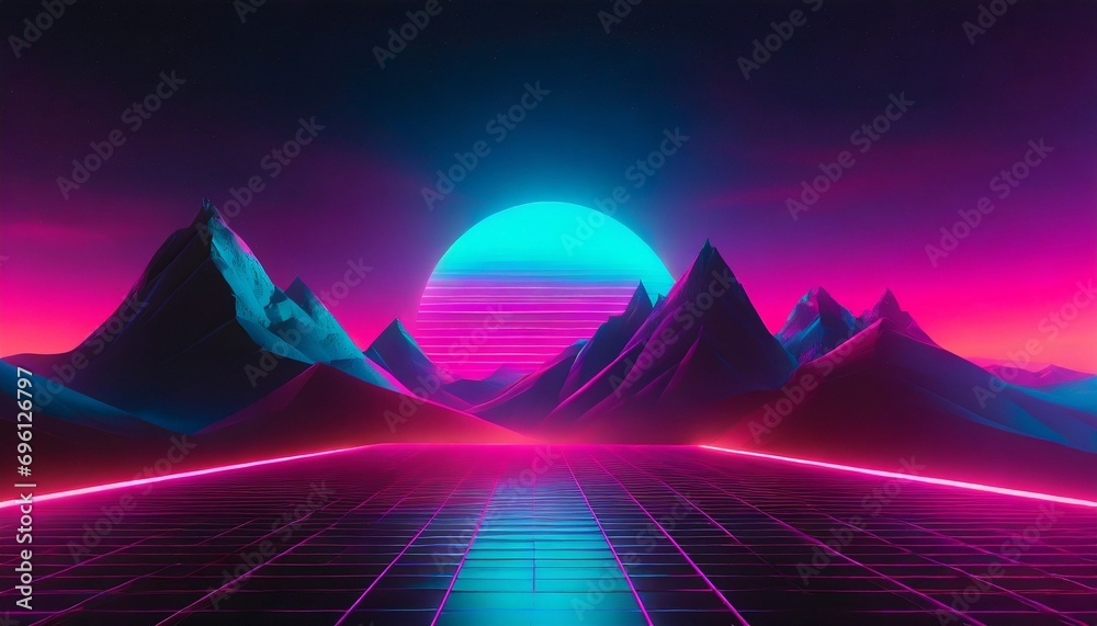 Synthwave retro cyberpunk style landscape background banner or ...
