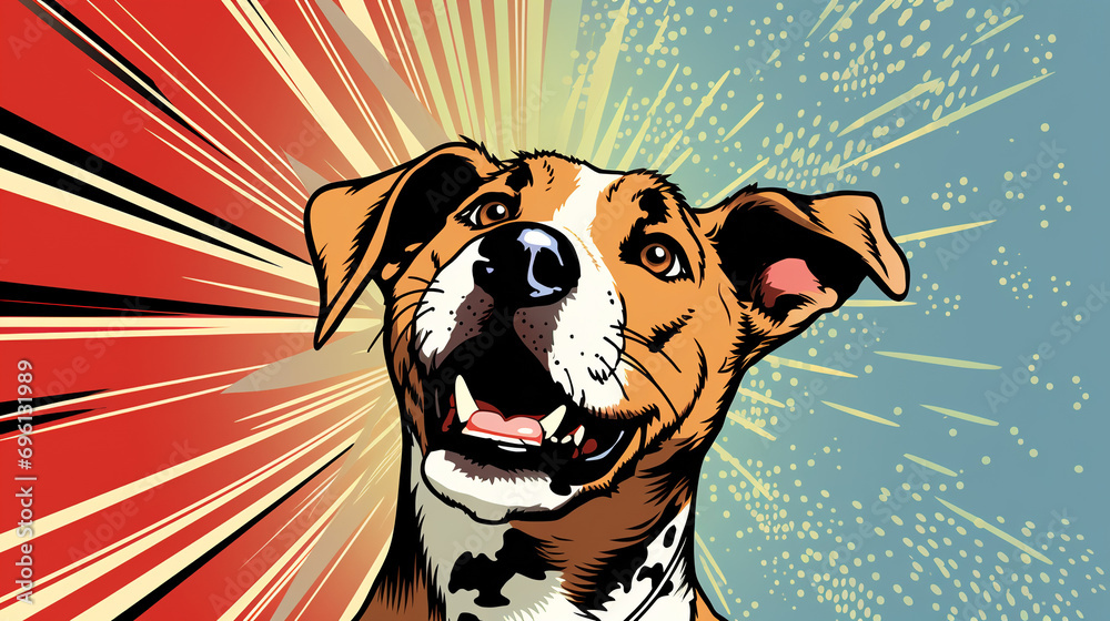 Dog in pop art style with vibrant background, in the style of god rays ...