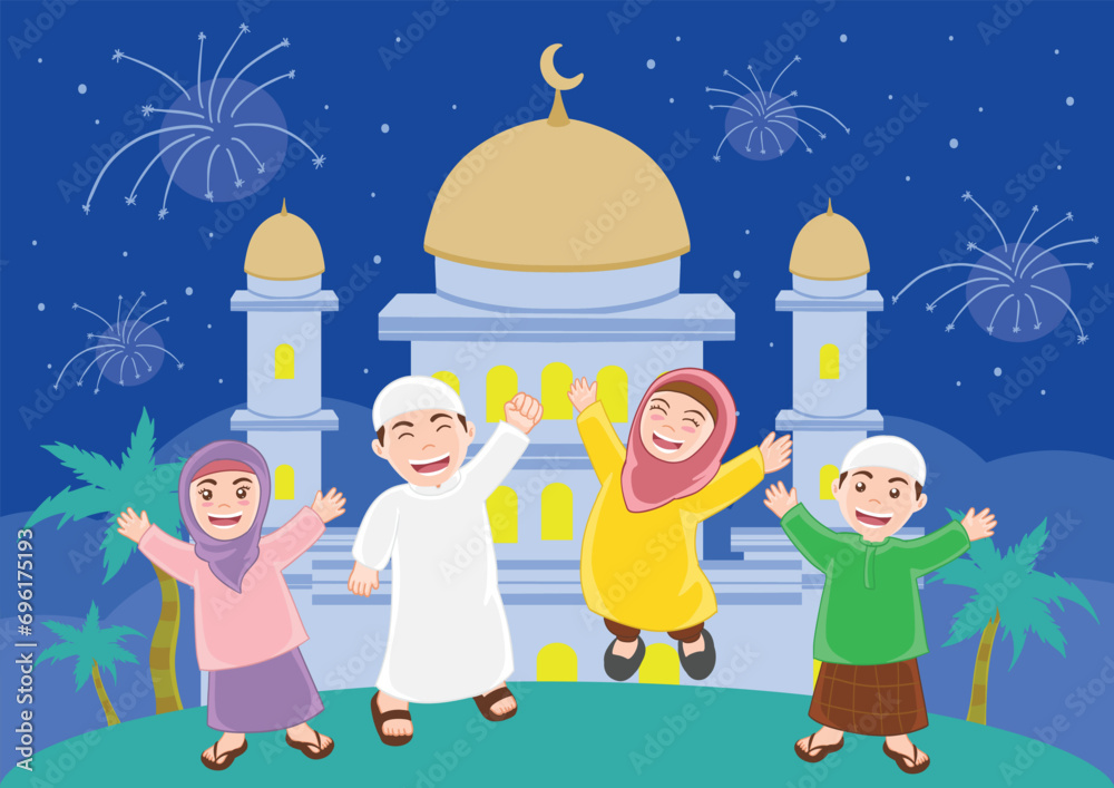 Cartoon young muslim child kids boy and girl wearing hijab happy ...