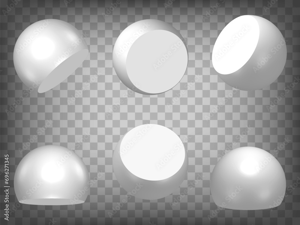 Set of perspective projections 3d hemisphere model icons on transparent ...