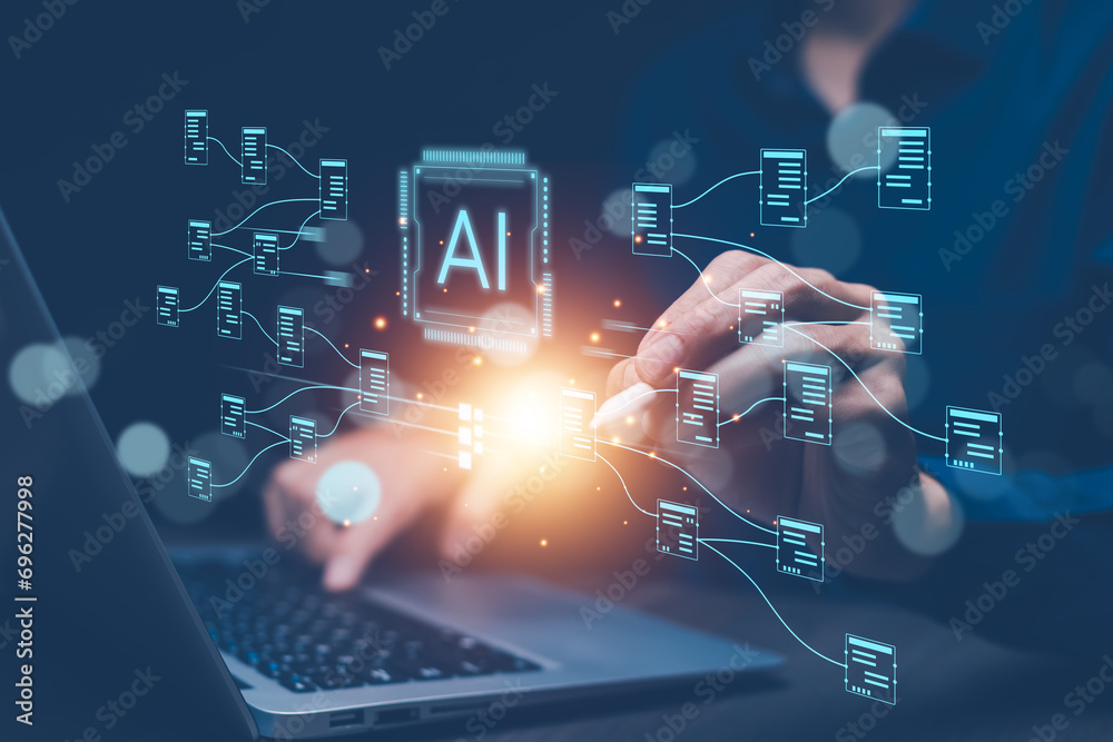 Programmer people working laptops or smartphones with AI, artificial intelligence software ...